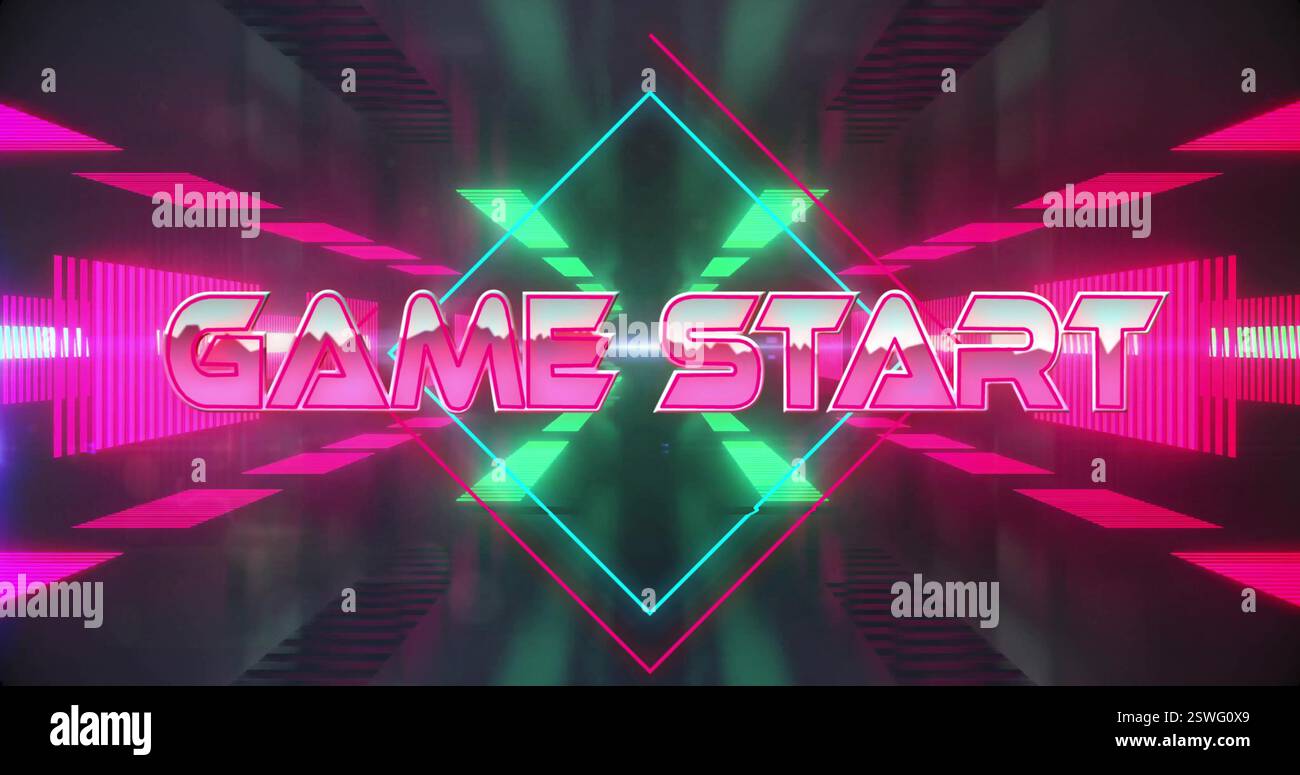 Image of game start text over neon pattern background Stock Photo - Alamy