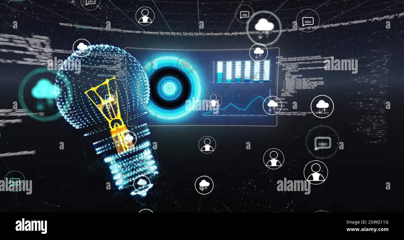 Image of light bulb and digital data processing over dark background ...