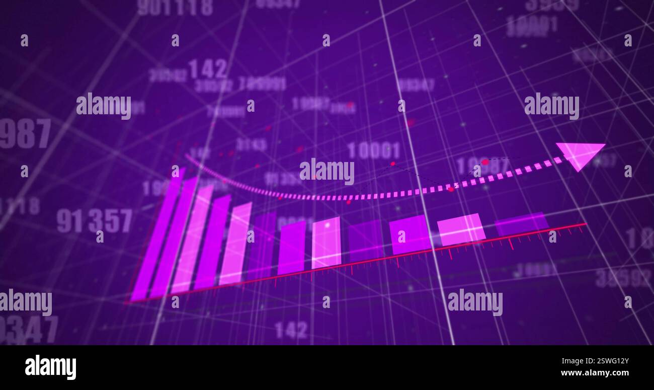 Image of data processing and diagram on purple background Stock Photo ...