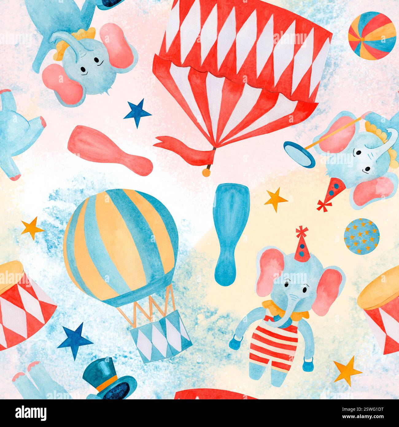 Seamless pattern watercolor hand drawn cartoon elephants, tent, stars ...