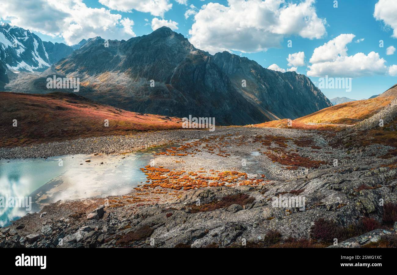Panoramic alpine landscape with beautiful mountain lake with streams in ...