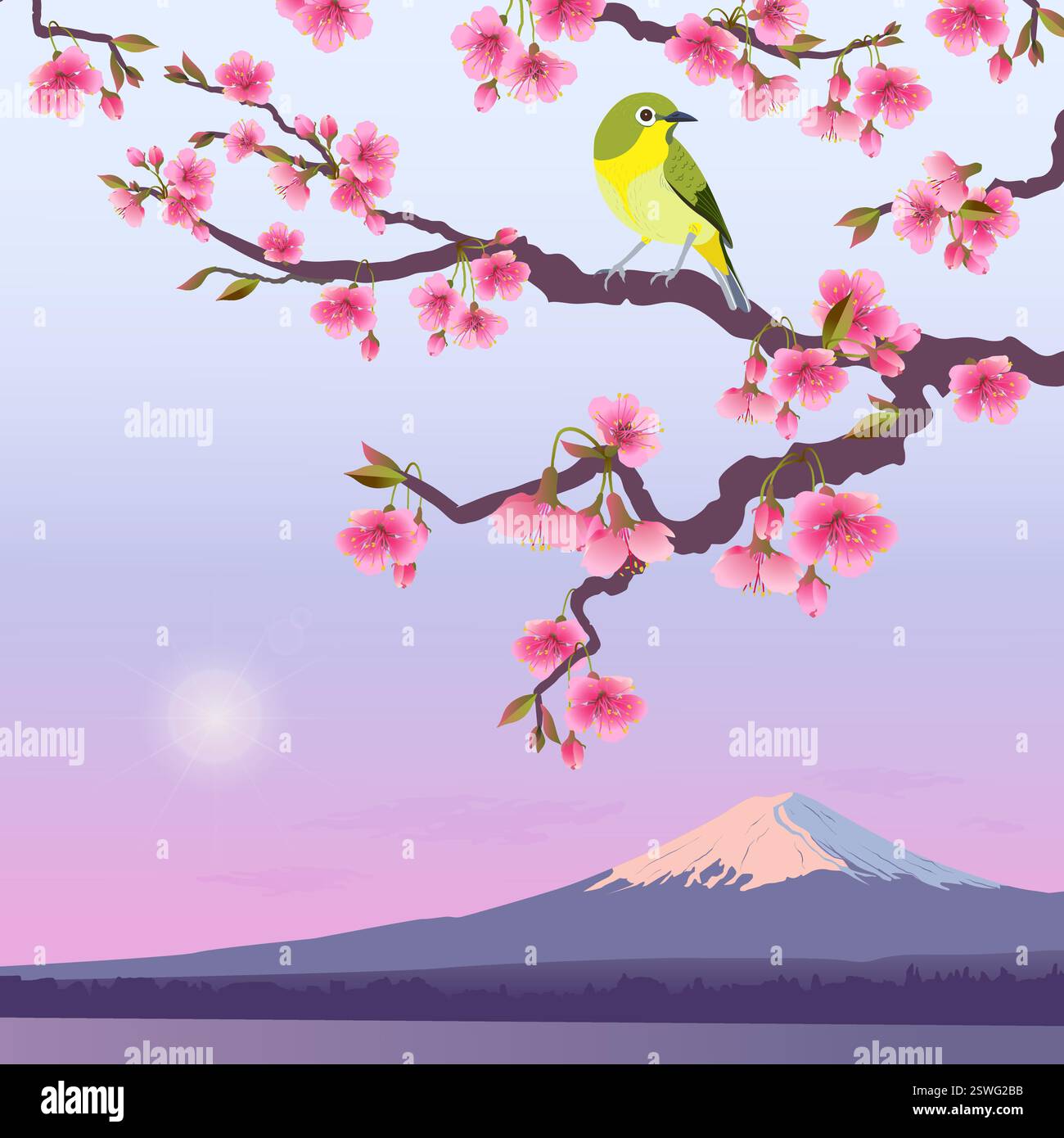 Realistic graphics of Uguisu and Sakura on a background of Fuji ...