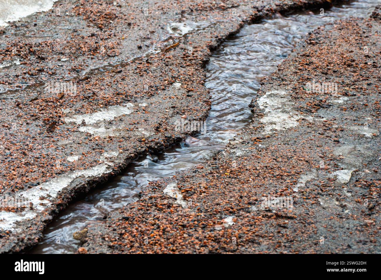 Erosion from flood waters. Spring stream. Ground washed away by a ...