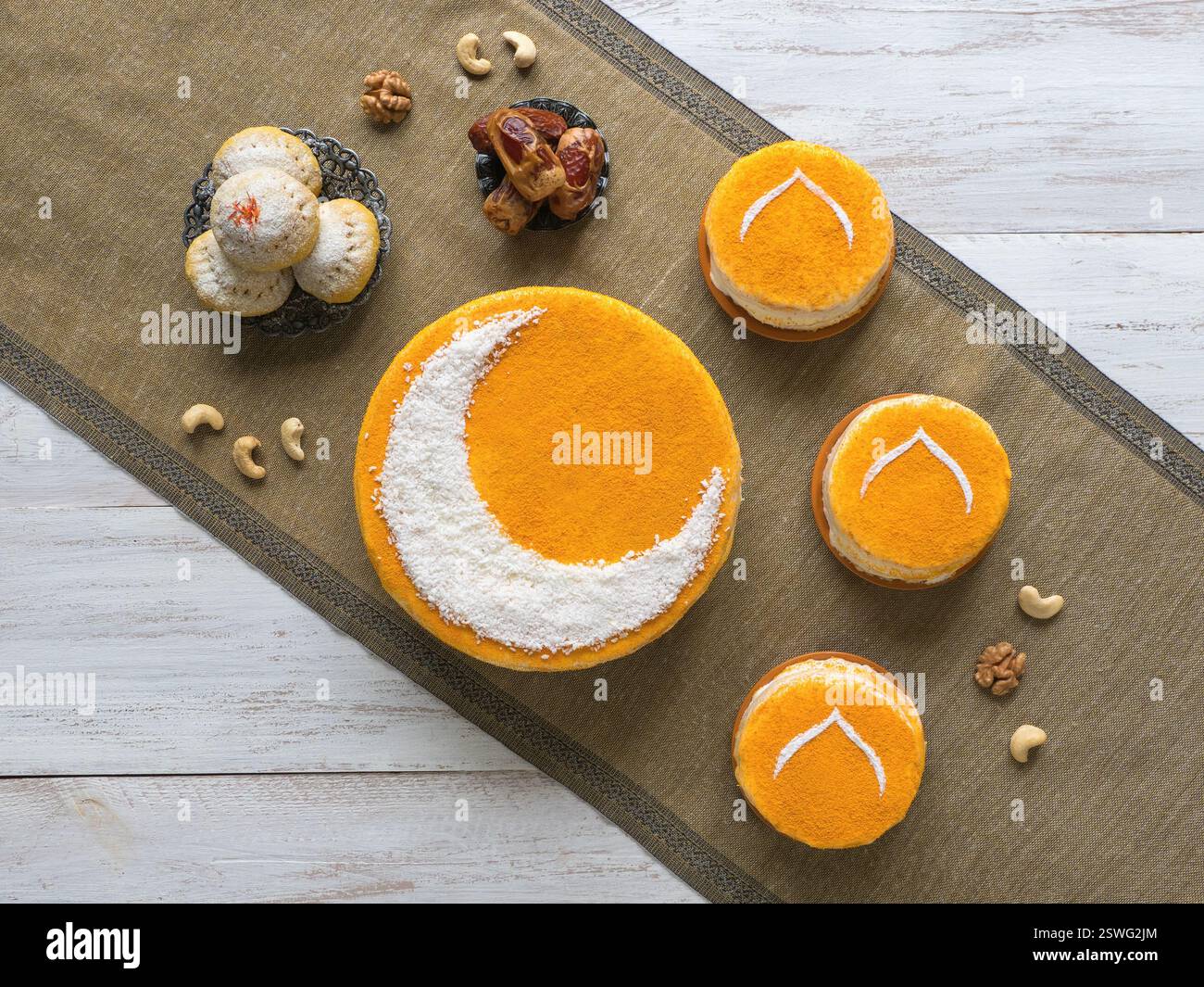Delicious homemade golden cake with a Crescent moon, served with black ...