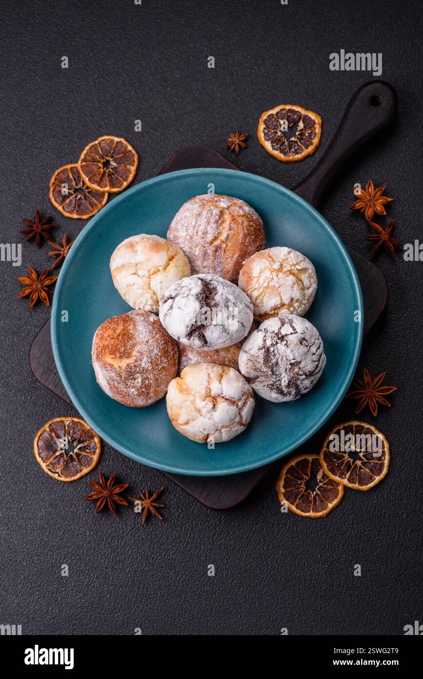 Sweet freshly baked round cookies of several types Stock Photo - Alamy