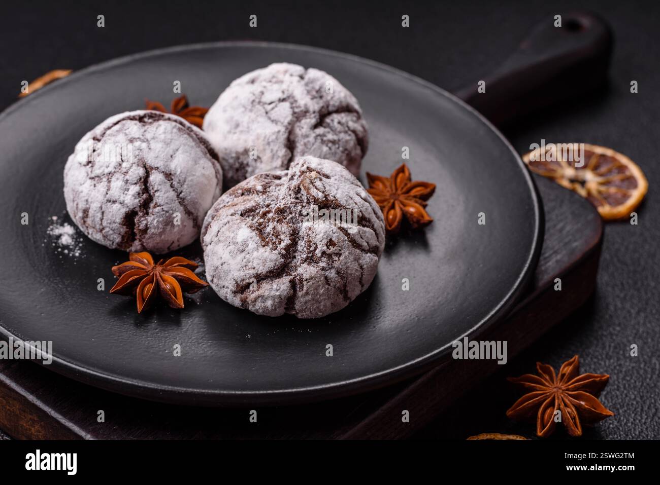 Delicious round freshly baked chocolate flavored cookies Stock Photo ...