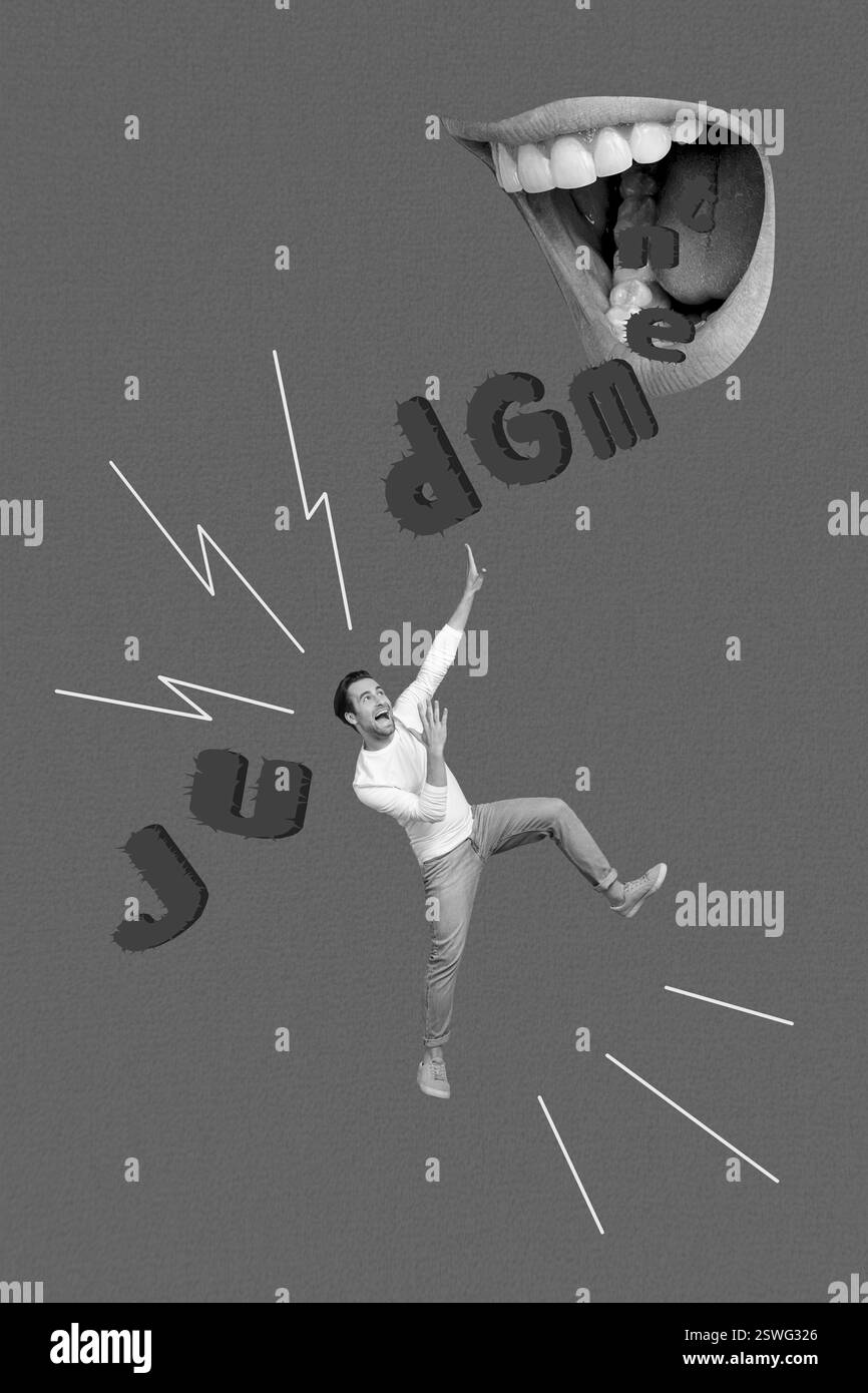 Creative photo 3d collage artwork poster postcard of scared guy avoid ...