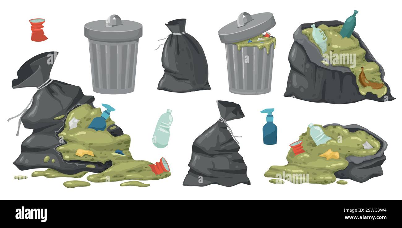 City trash bag. Rotting garbage in waste bag or street dustbins, full ...