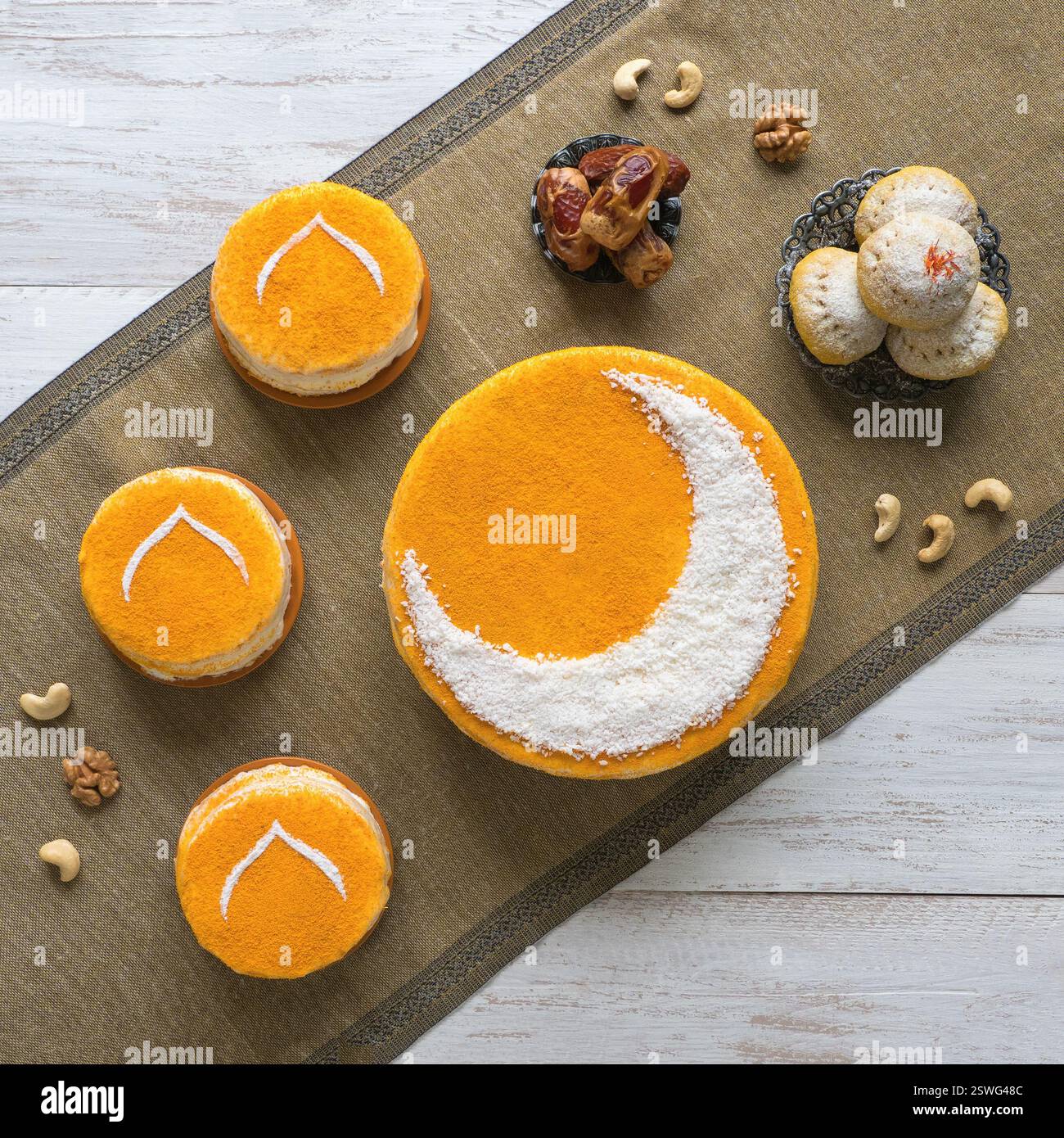Delicious homemade golden cake with a Crescent moon, served with black ...