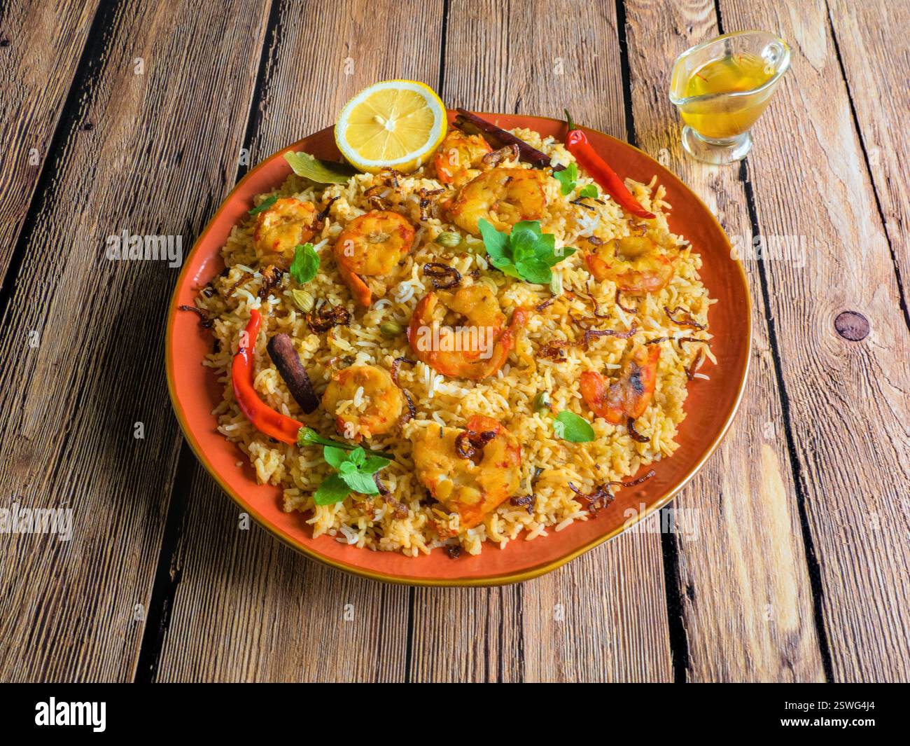 Biryani with shrimp. Tasty and delicious prawns biryani, top view Stock ...