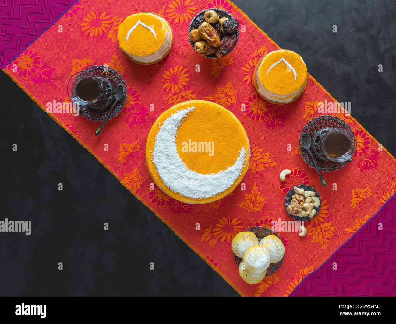 Delicious homemade golden cake with a Crescent moon, served with black ...