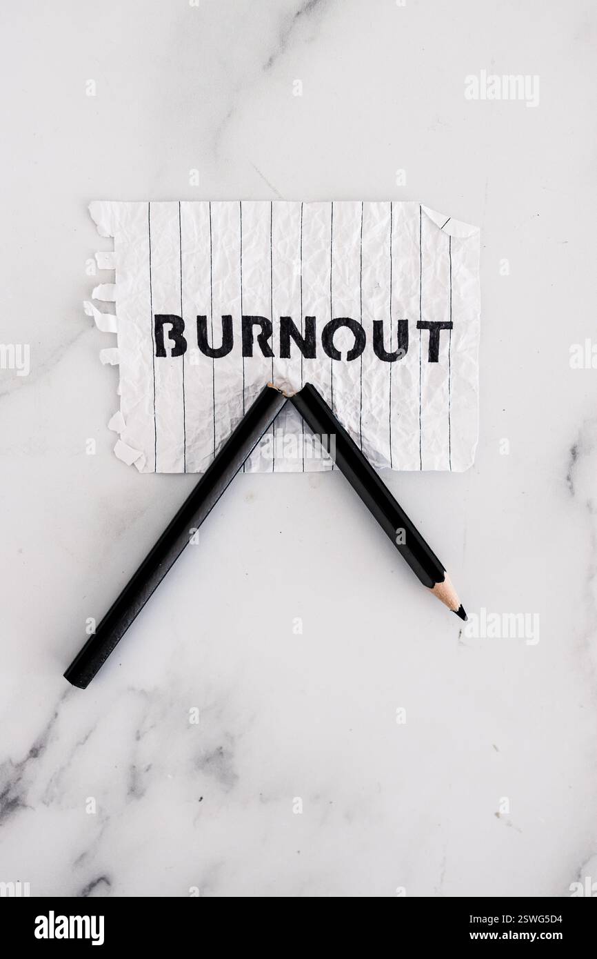 burnout and mentail health conceptual image with broken pencil and ...