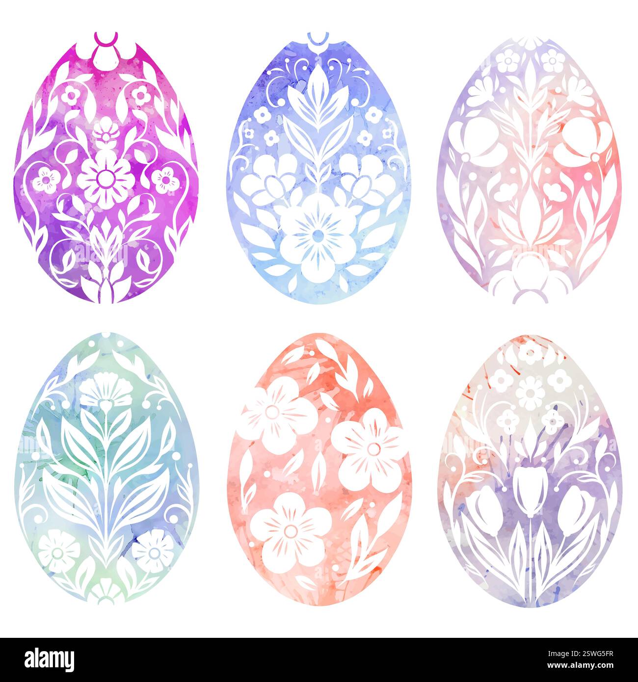 Vector set of colorful watercolor Easter egg clip art in folk art style ...