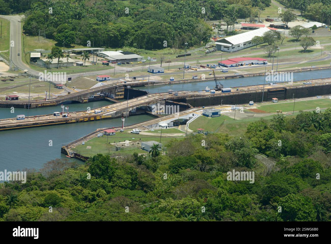 An aerial view of the Panama Canal lock system, showcasing the ...