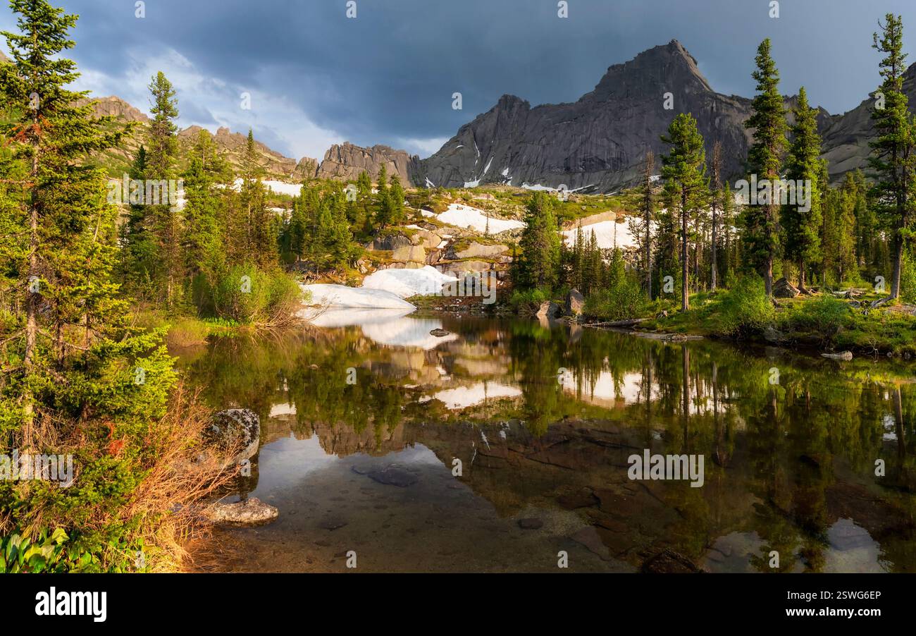 Taiga summer landscape. The purest mountain lake in the forest ...