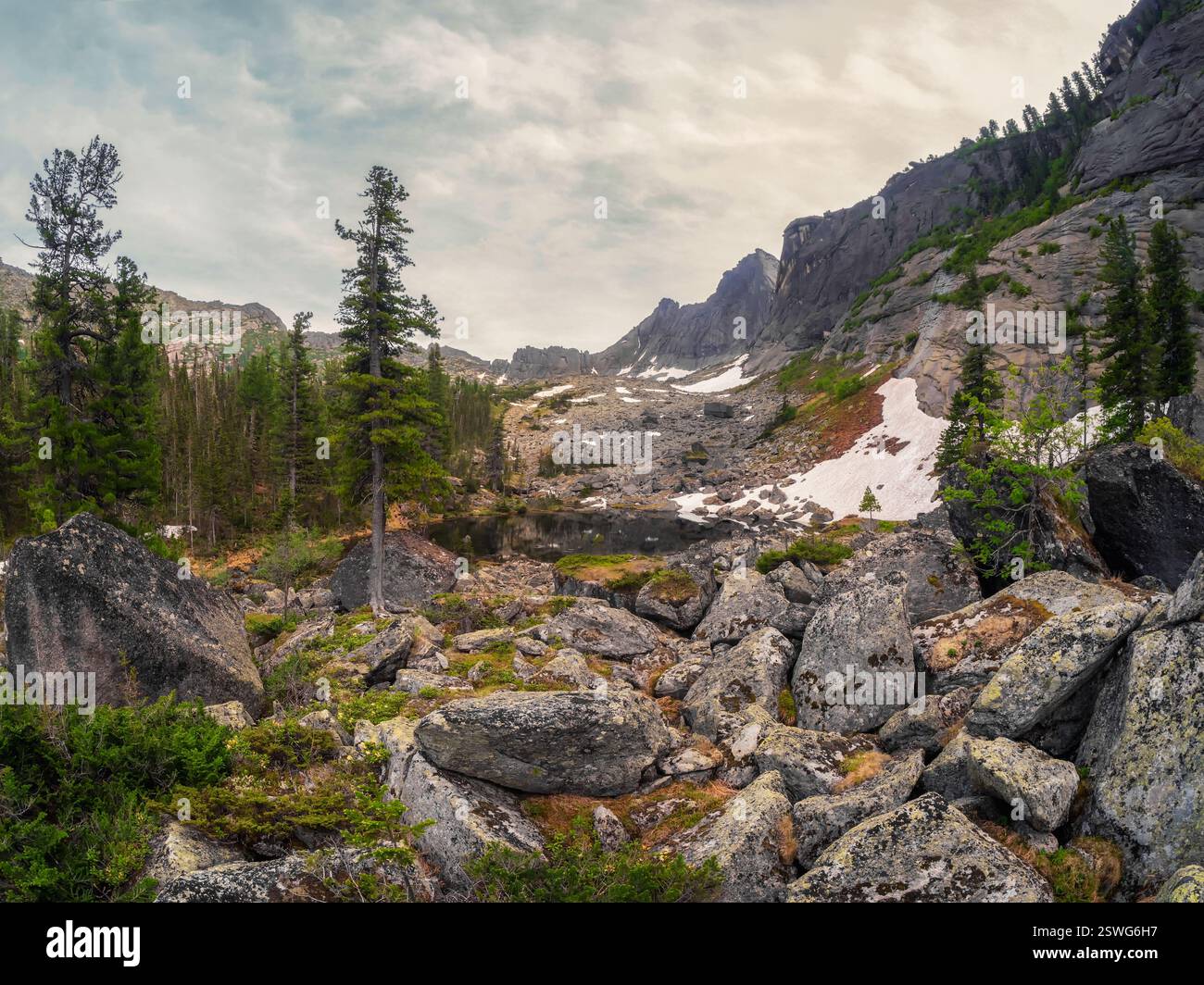 Mountain black lake in the block stream valley Stock Photo - Alamy