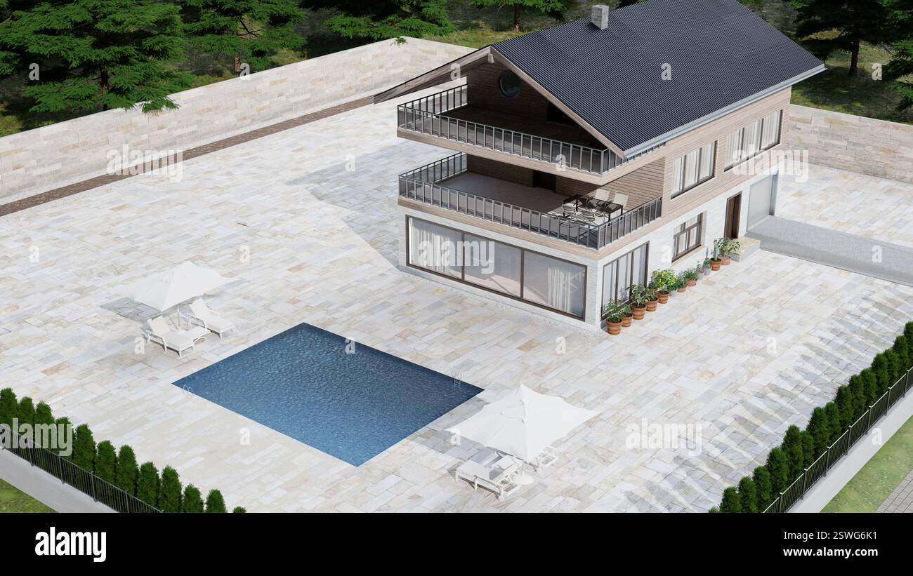 A modern three-story house with balcony terraces large glass windows ...