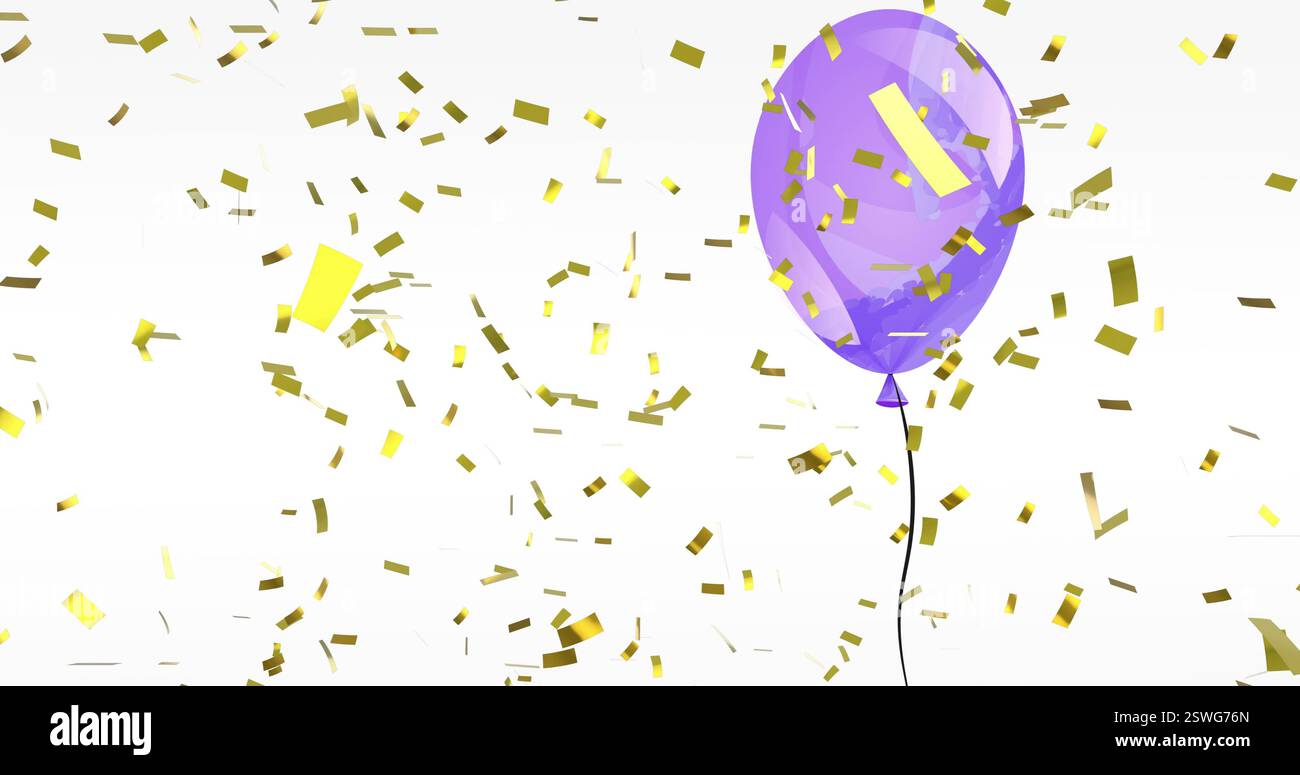 Image of gold confetti falling over purple party balloon on white ...