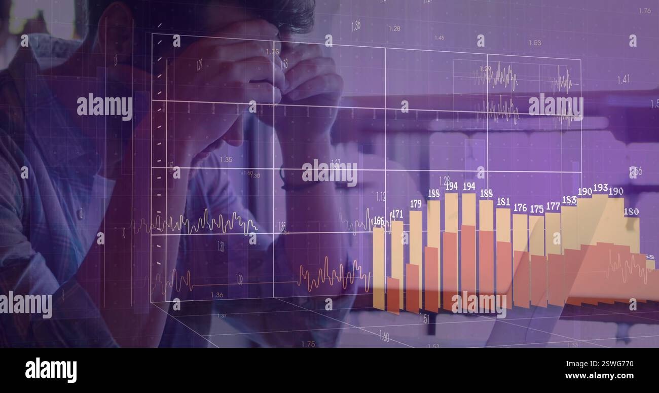 Image of network of connections with diagrams over caucasian man ...