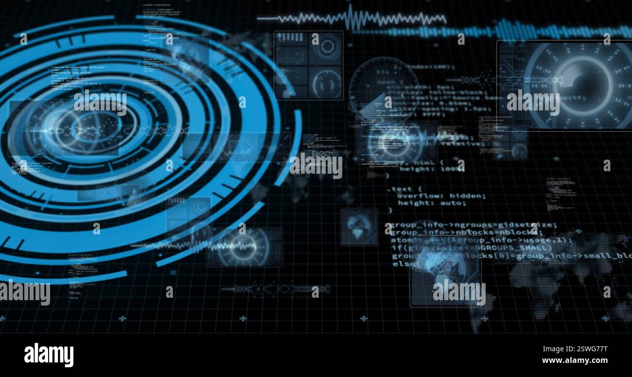Image of data processing and scope scanning over digital screens Stock Photo - Alamy