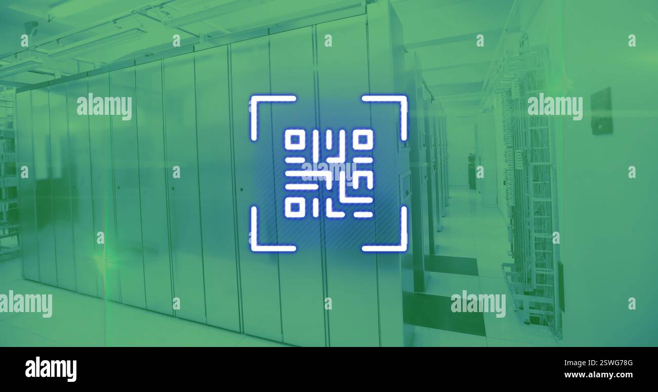 Image of qr code and light trails over server room Stock Photo - Alamy