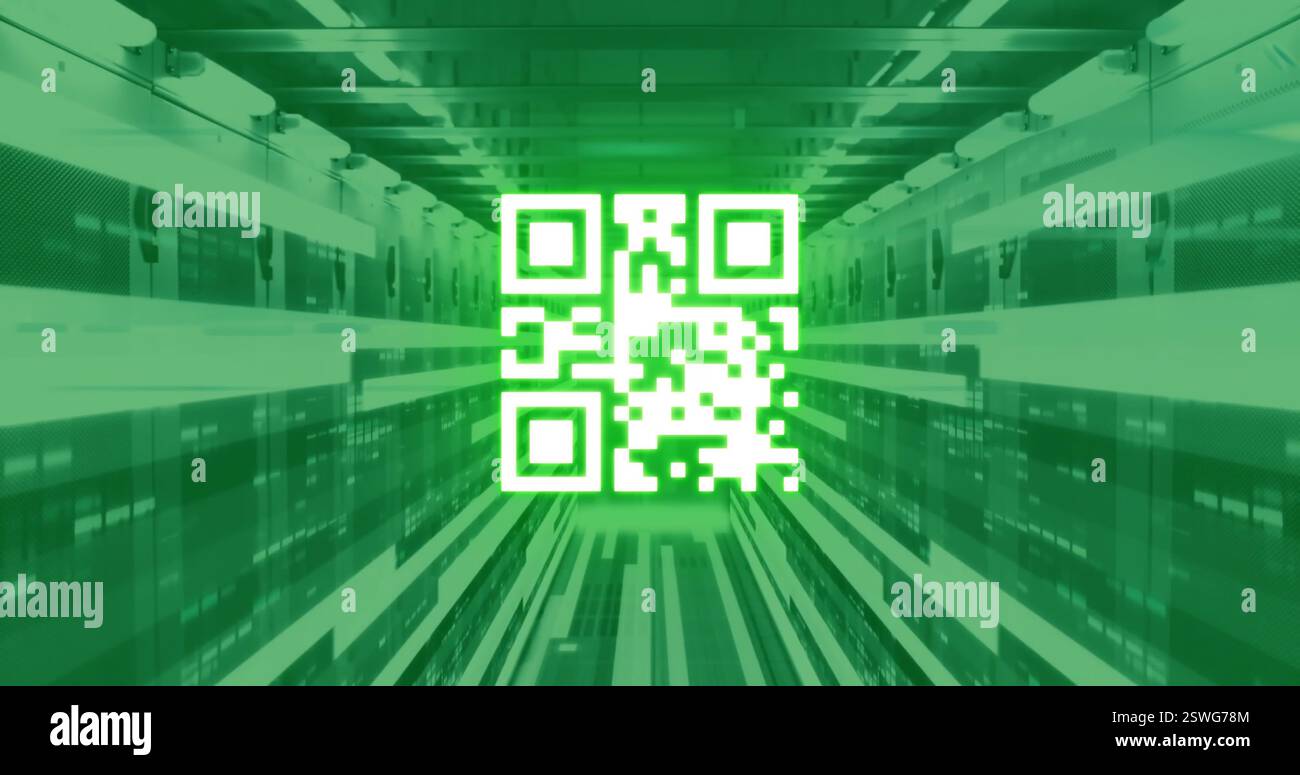 Image of qr code with moving columns over server room Stock Photo - Alamy