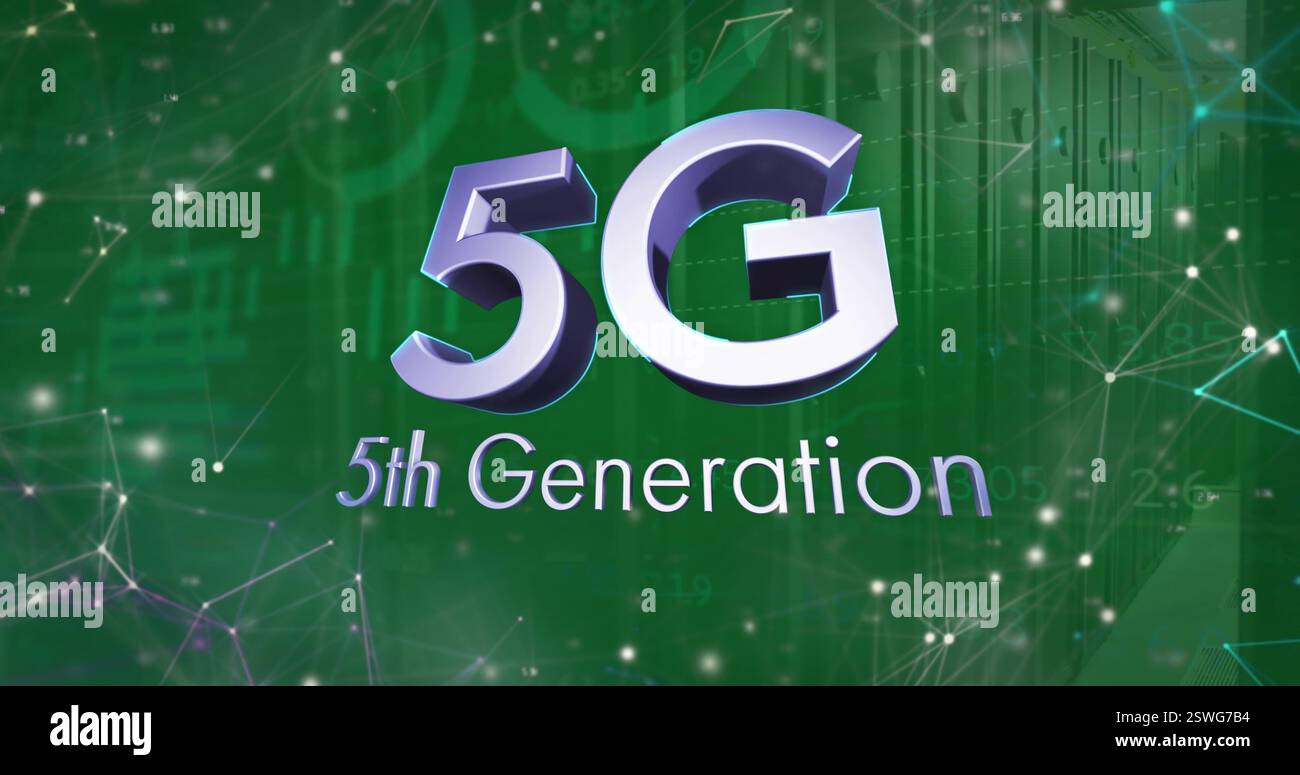 Image of 5g 5th generation text with network of connections and data processing over server room ...
