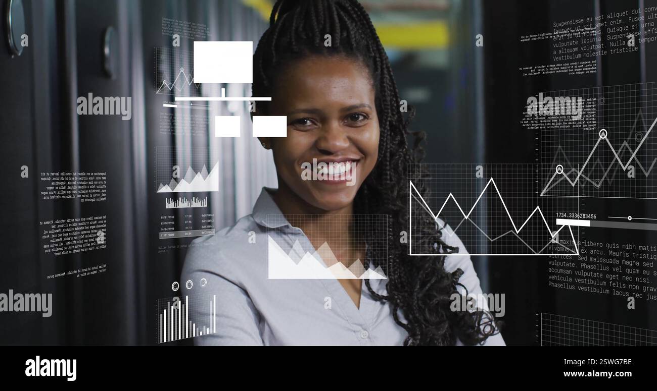 Image of data processing and diagrams over african american female ...