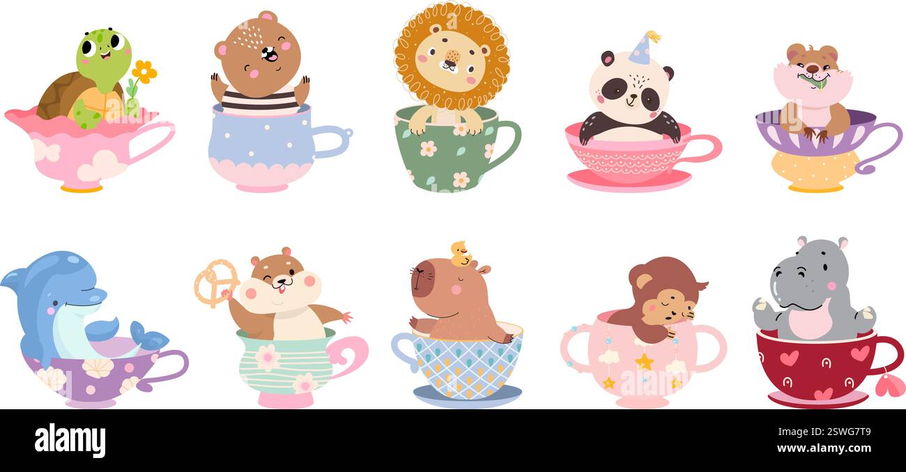 Funny animals in cups. Wild cartoon animal sitting in teacup. Turtle ...