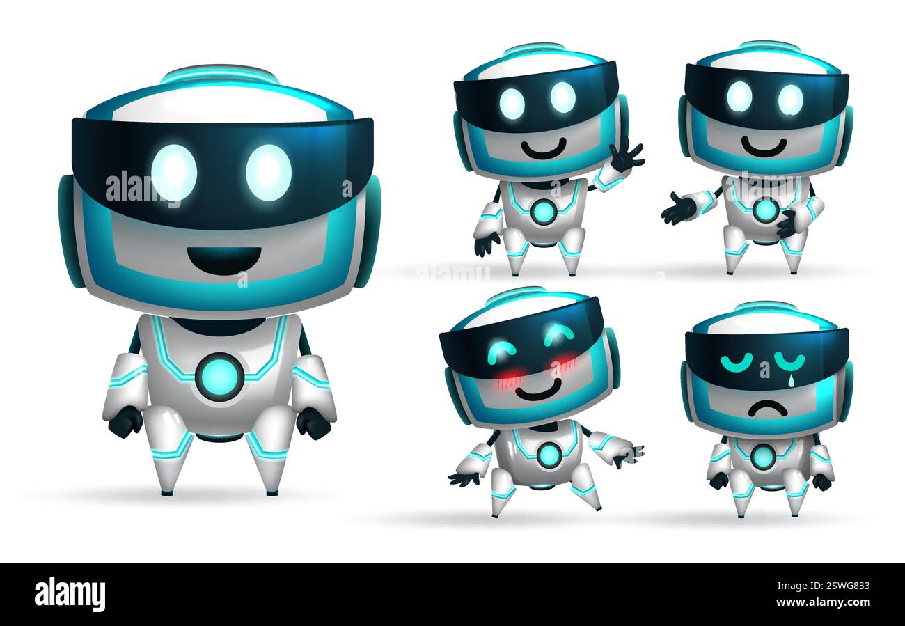 Robots Character Vector Set Robotic 3d Characters Collection With Waving Blushing And Crying