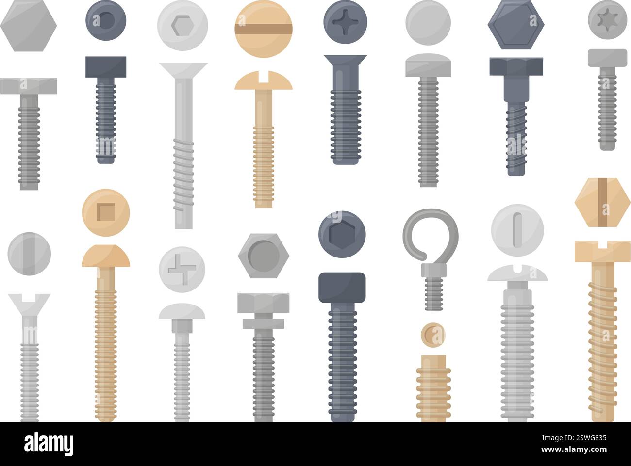 Flat bolts and screws. Cartoon screw and nail, silver and golden ...