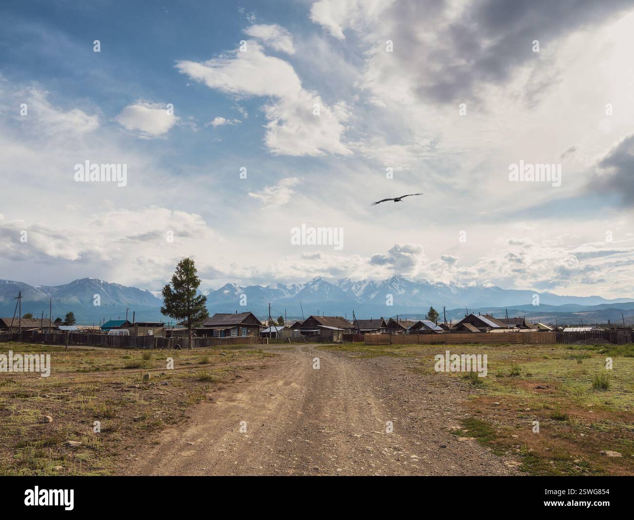 Russian siberian village with dirt road and traditional ancient wooden ...