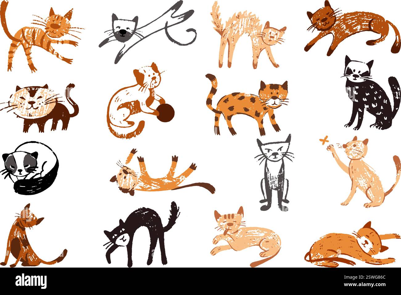 Pencil drawing cats. Crayon drawn childish style cat and kitten ...