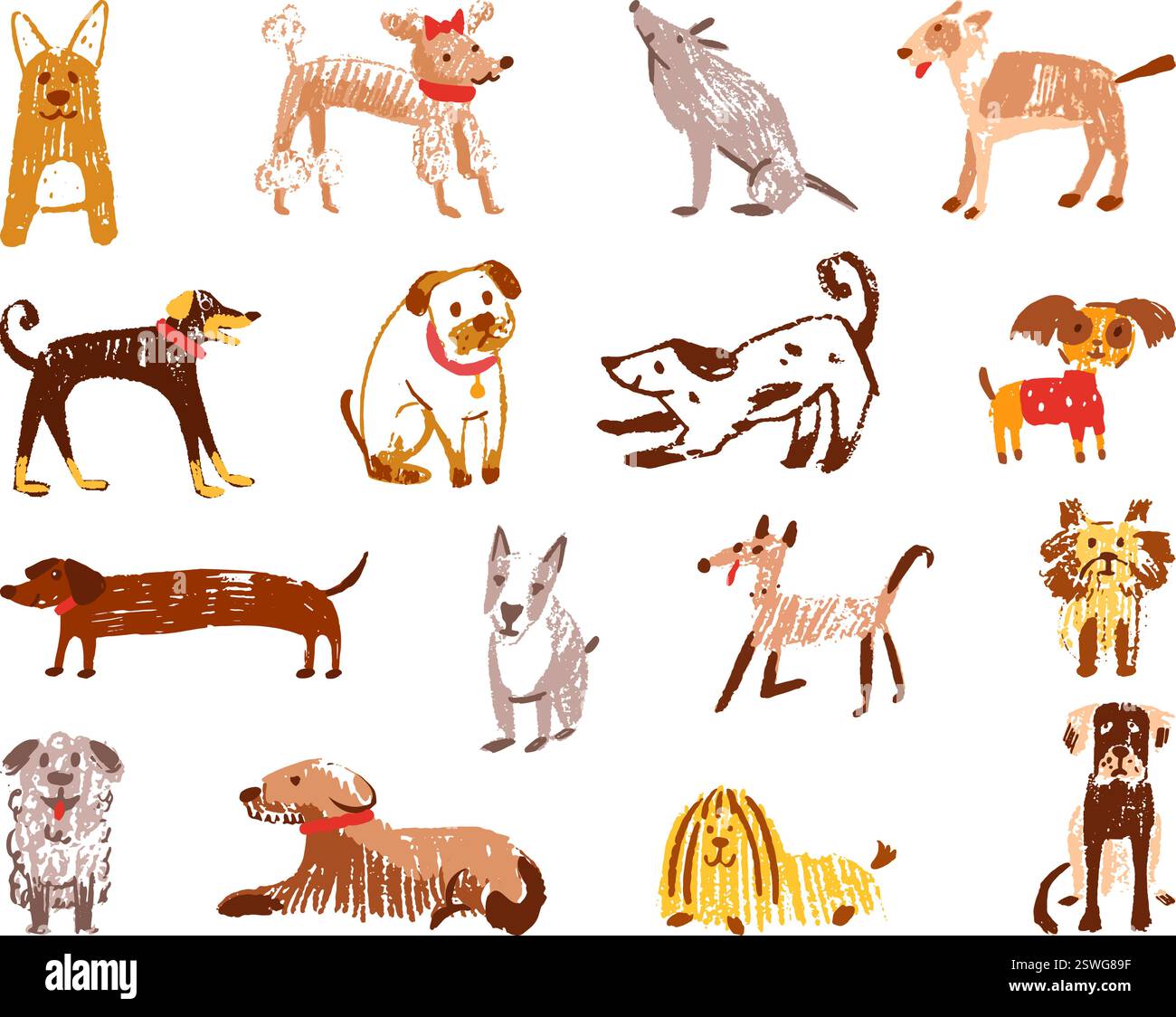 Children style drawing dogs. Colored pencil dog, crayon stylish animals ...