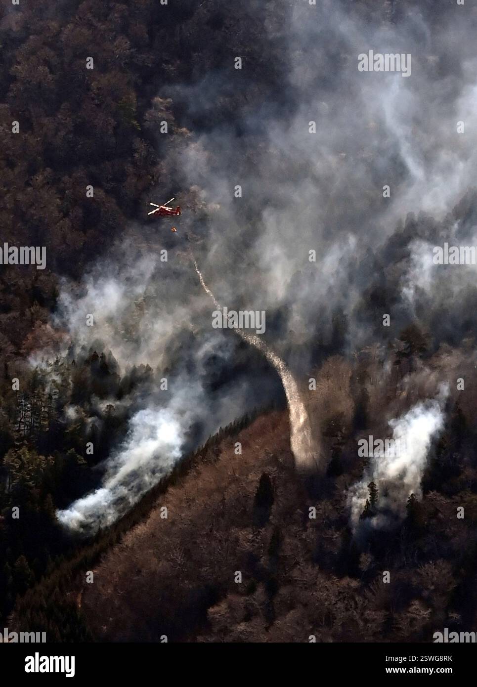 An aerial photo shows a forest fire, continues to spread in Ofunato ...
