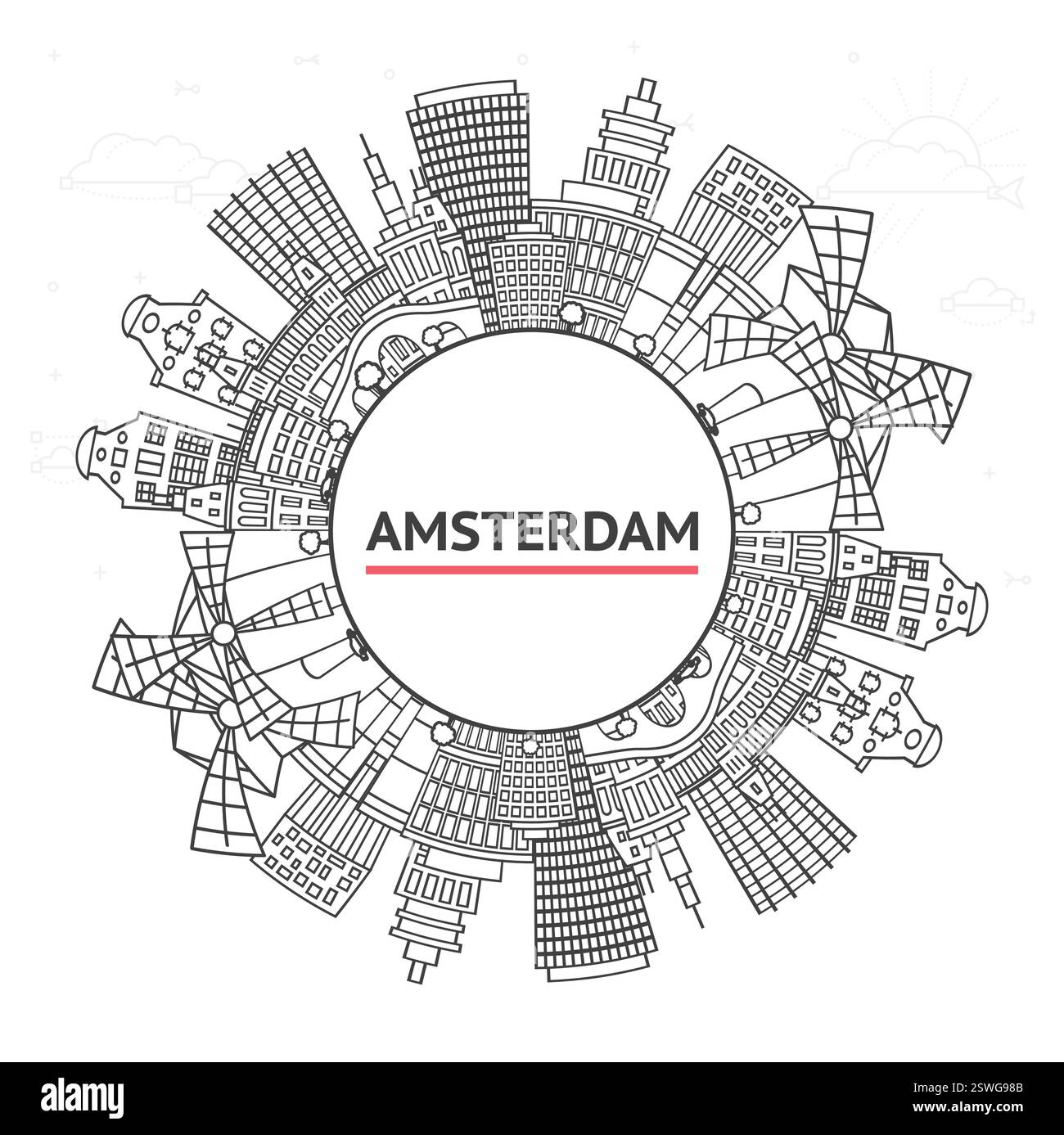 Outline Amsterdam Netherlands City Skyline with Historic Buildings and copy space Isolated on ...
