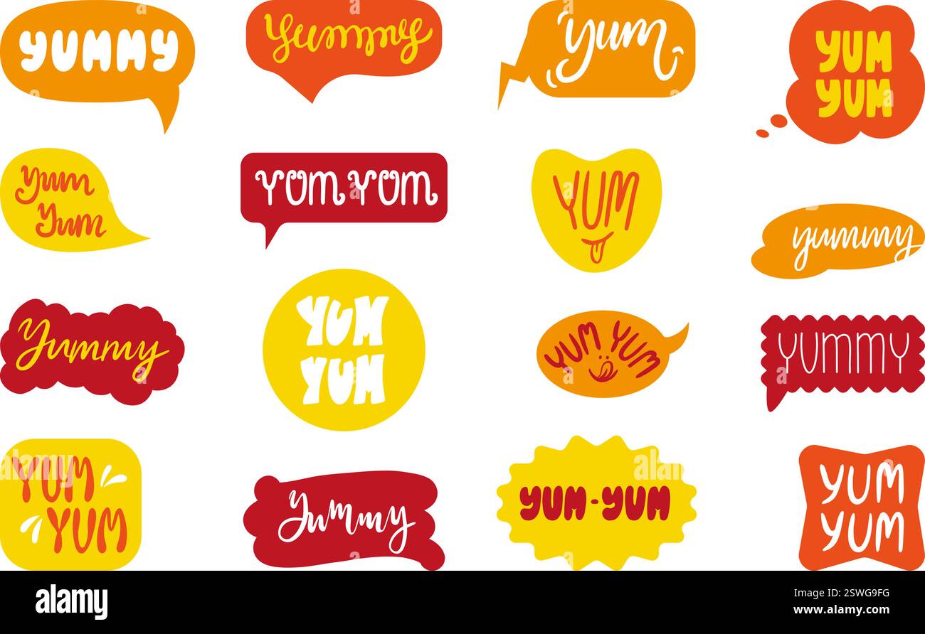 Yummy speech bubbles. Yum yum lettering, handwritten decorative ...