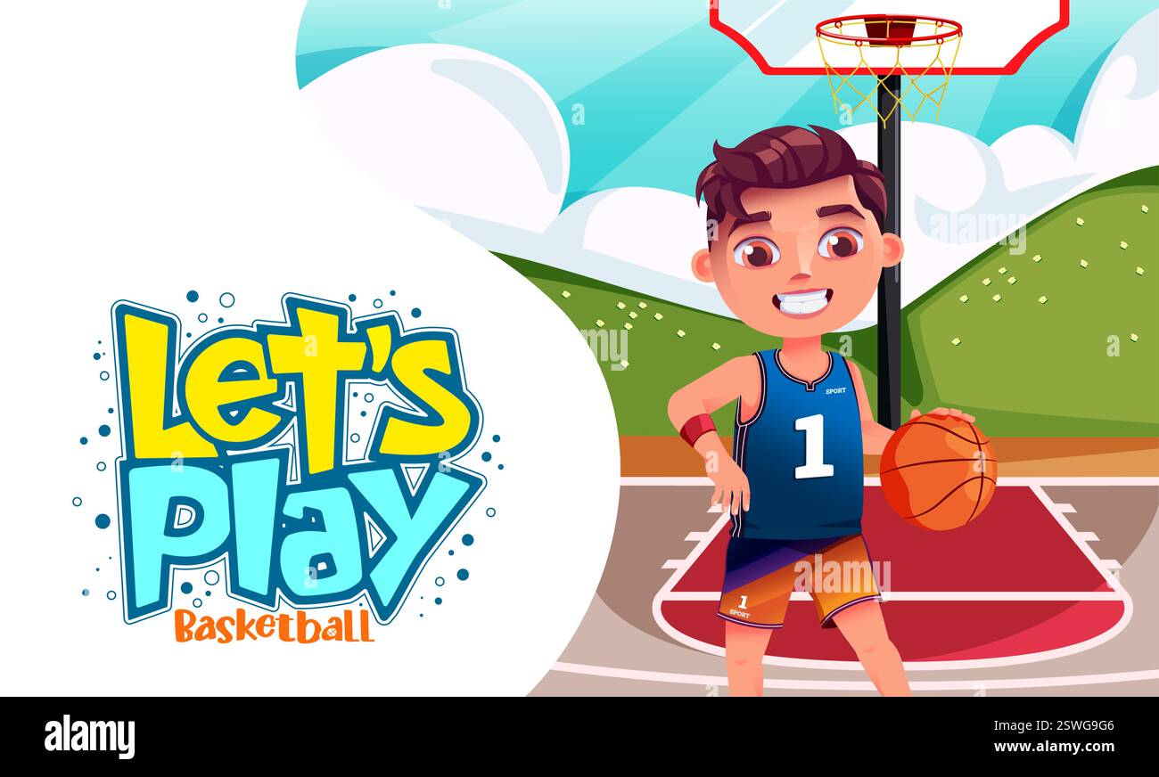 School sports character vector design. Let's play text with boy kid ...