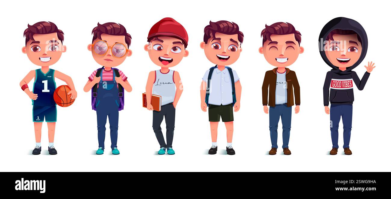 Student boys vector character set. Male school characters in sports ...