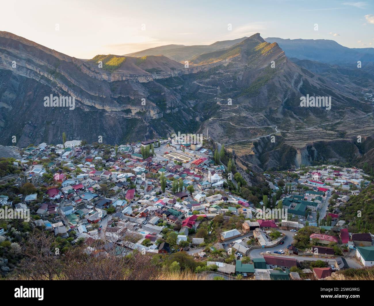 The village on the mountain. High-altitude plateau with a Gunib town ...