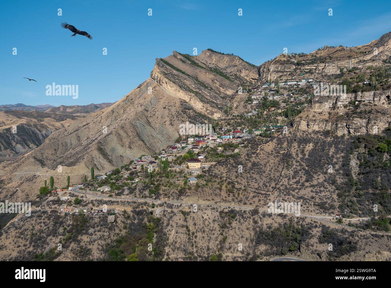 The village on the mountain. High-altitude plateau with a Gunib town ...