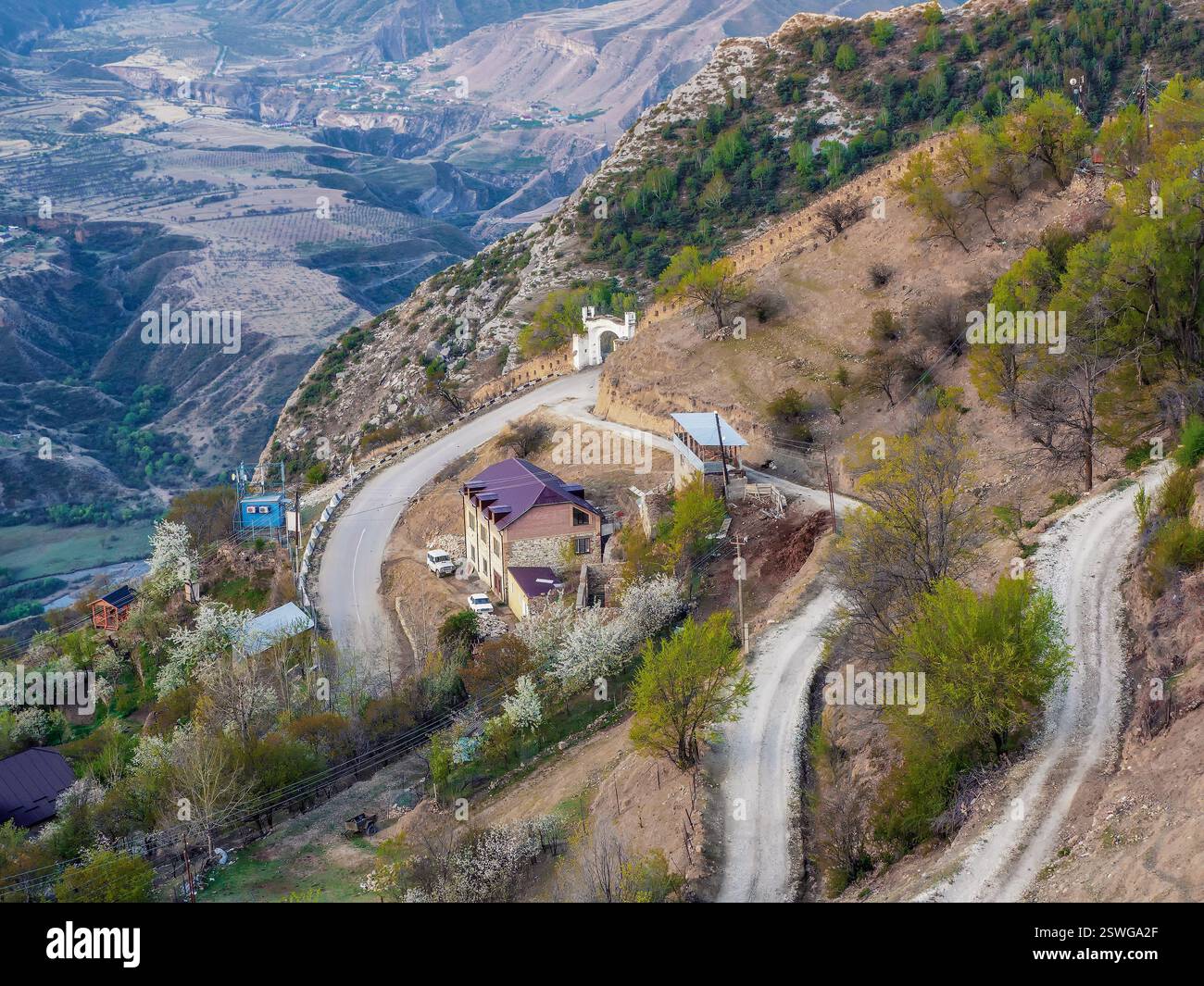 Winding serpentine road at Shamil gate Upper Gunib in Dagestan ...