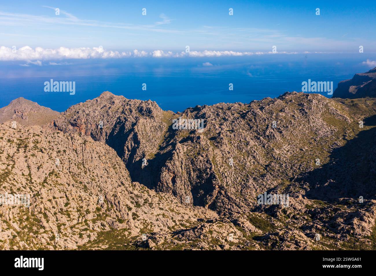 Stunning aerial view Tramuntana mountain range in Mallorca, with rugged ...