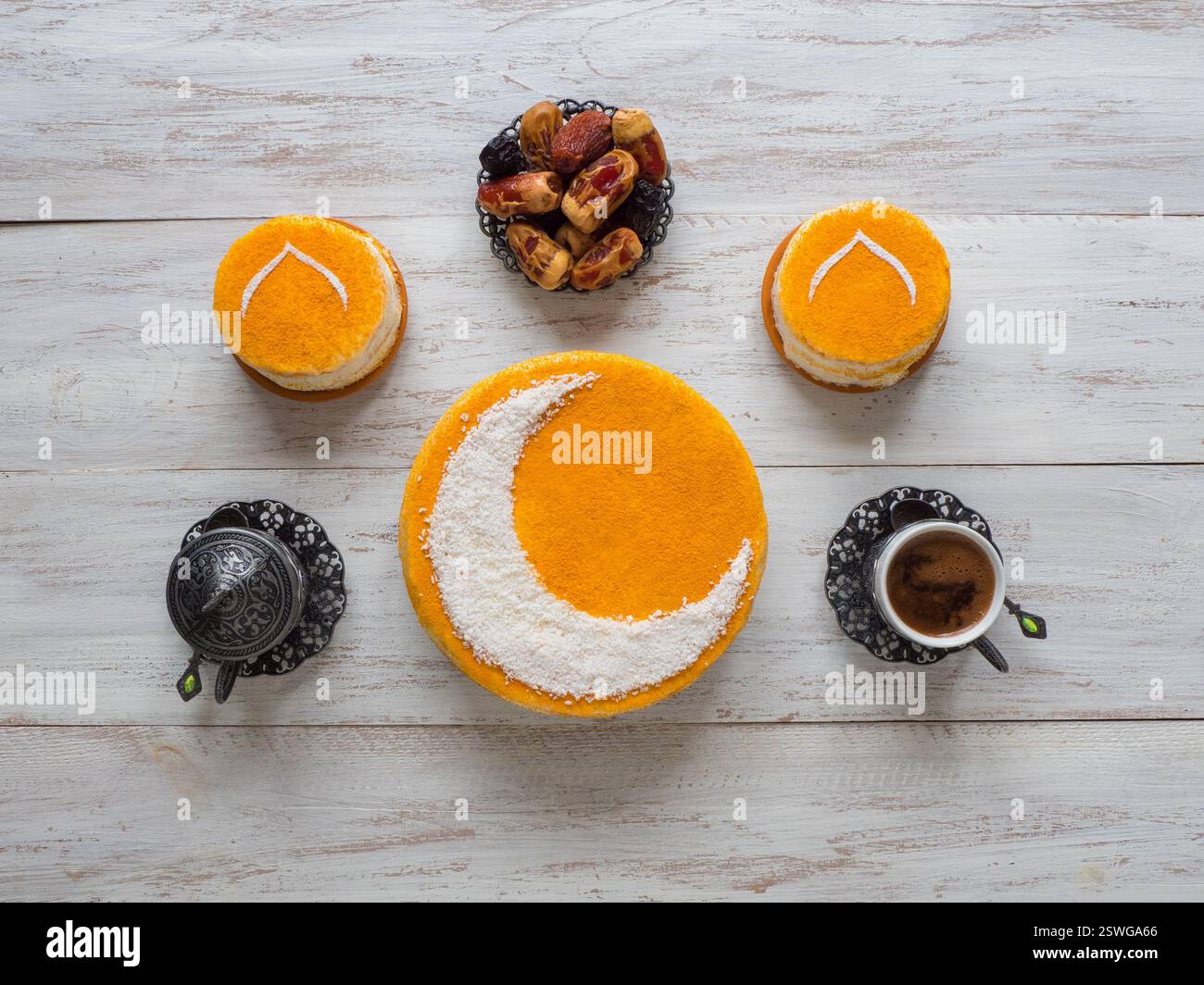 Festive food Ramadan background. Delicious homemade golden cake with a ...