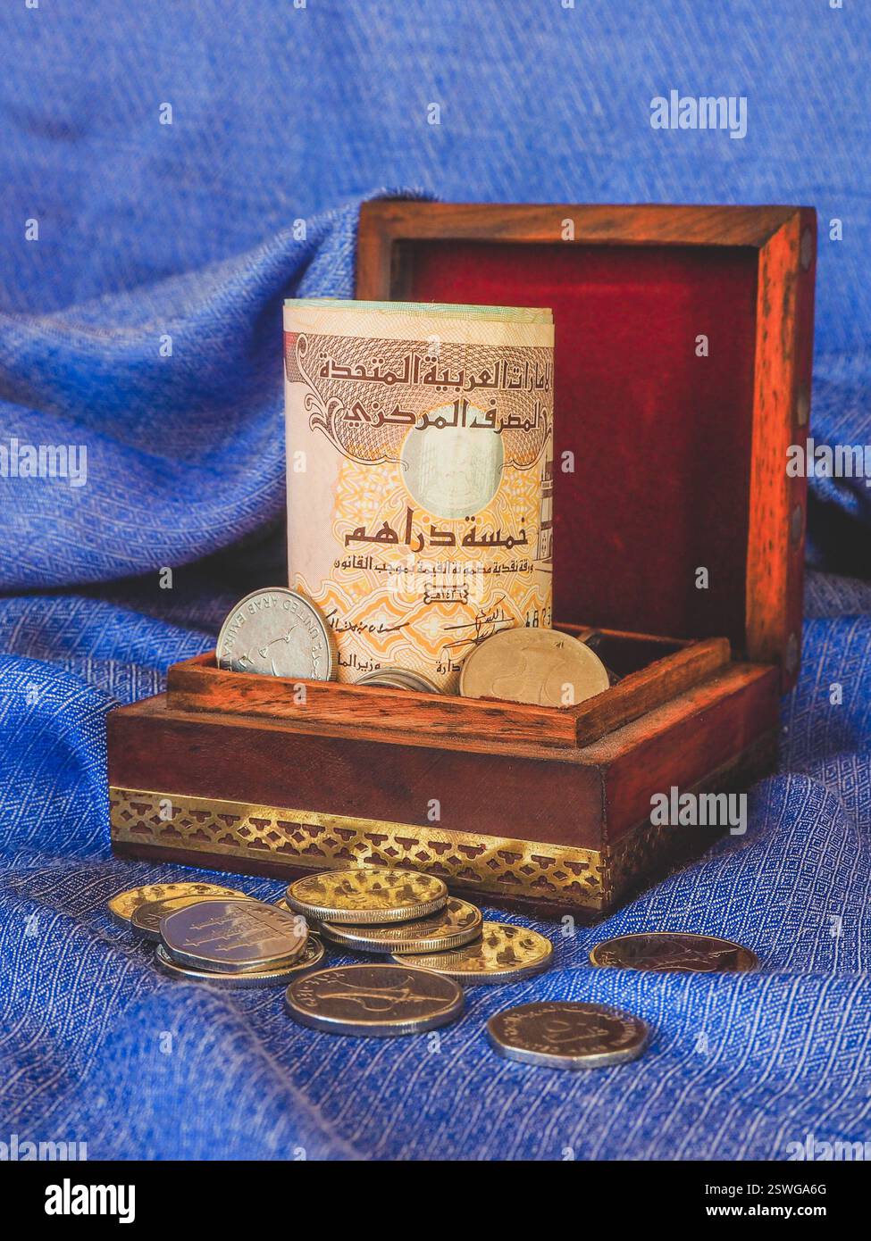 Arabic money dirhams in the old wooden box Stock Photo - Alamy