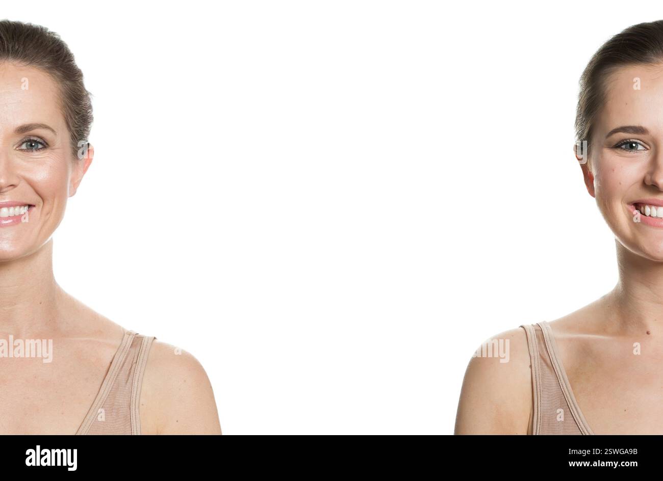 Cheerful woman before and after posing on white background. Two women ...