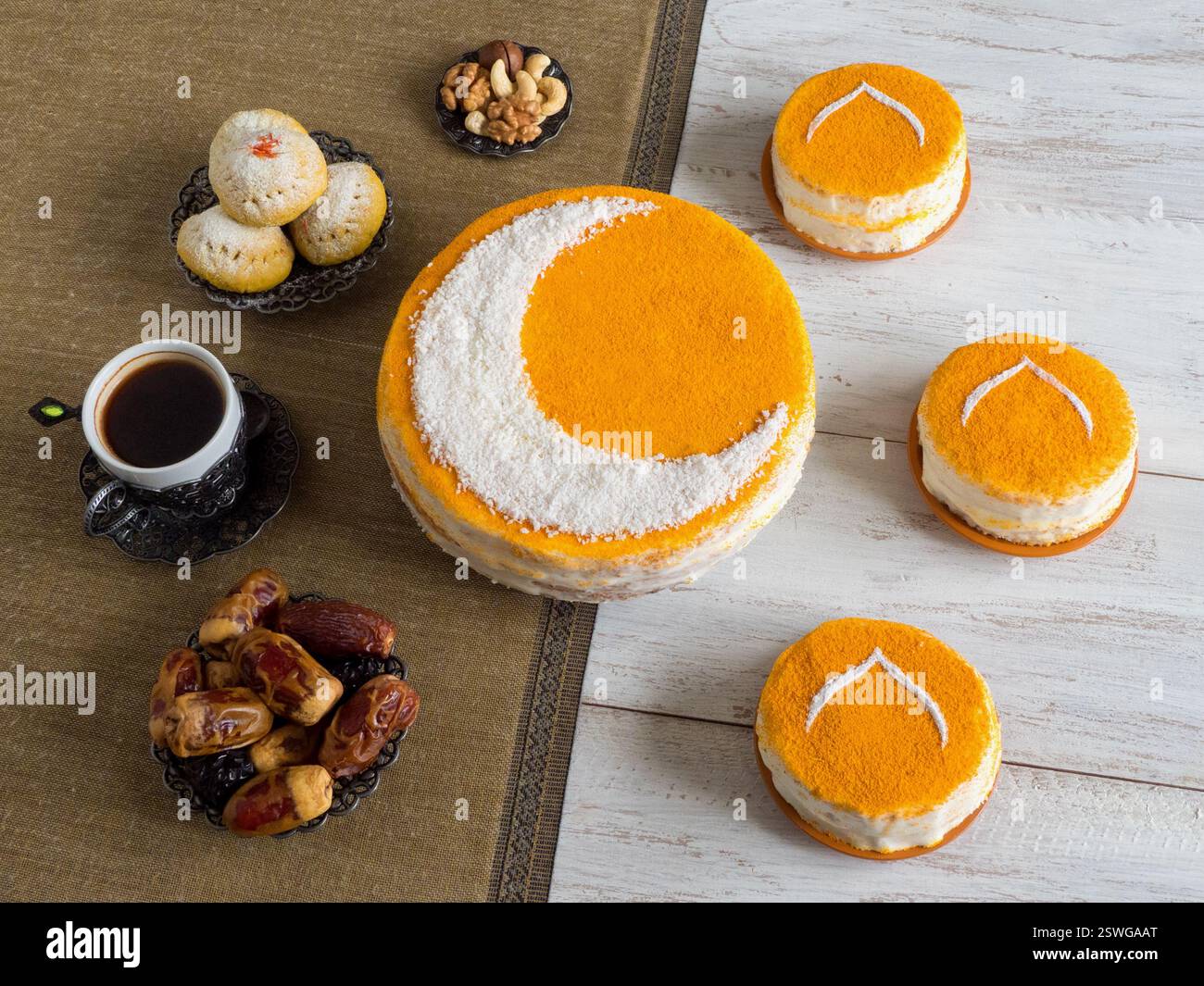 Homemade golden cake with a Crescent moon, served with black coffee and ...