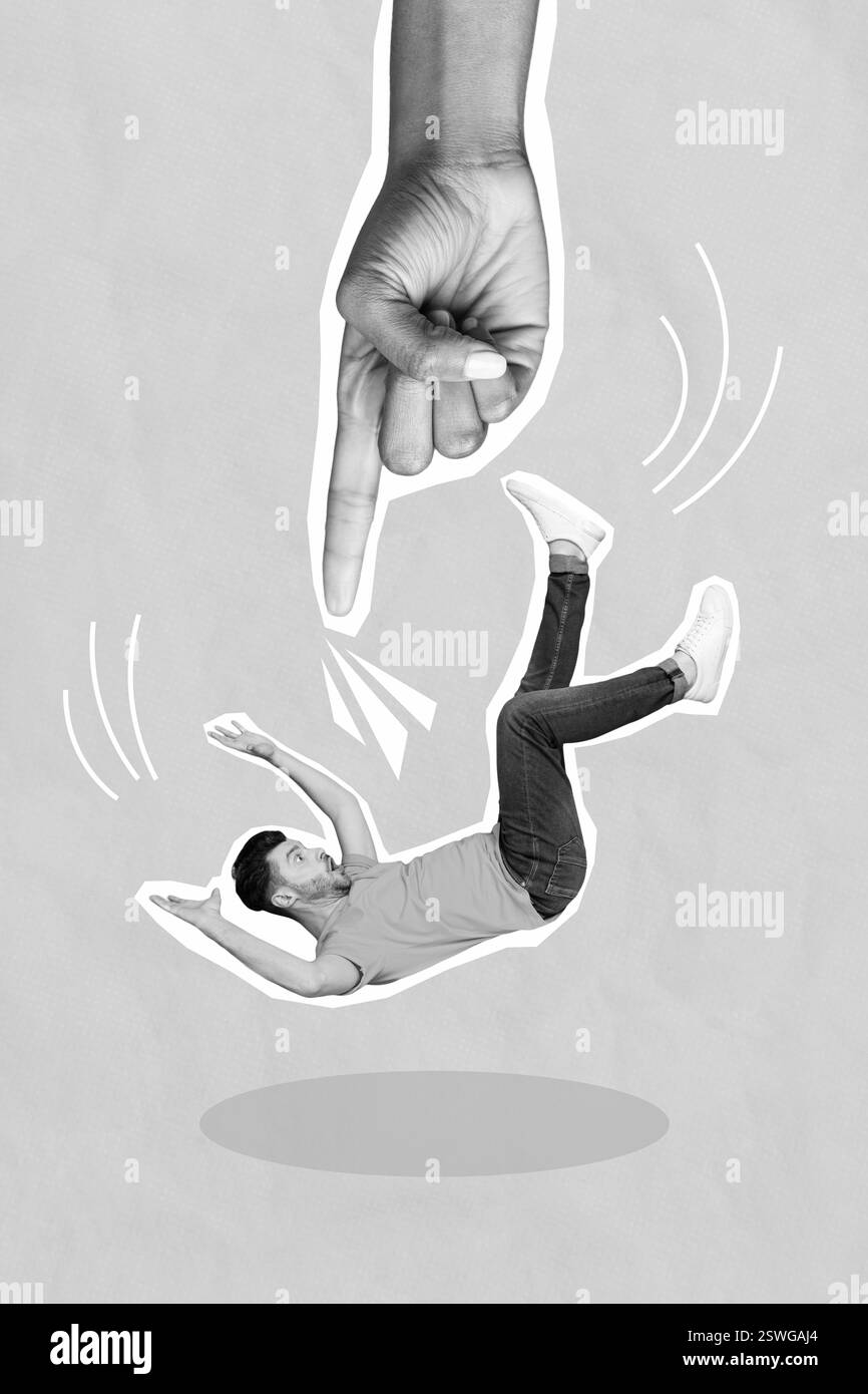 Vertical creative photo collage illustration of huge arm directing push ...
