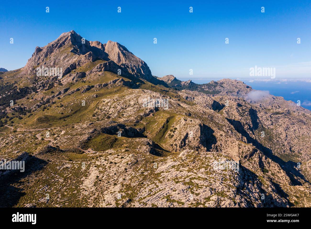 Stunning aerial view Tramuntana mountain range in Mallorca, with rugged ...