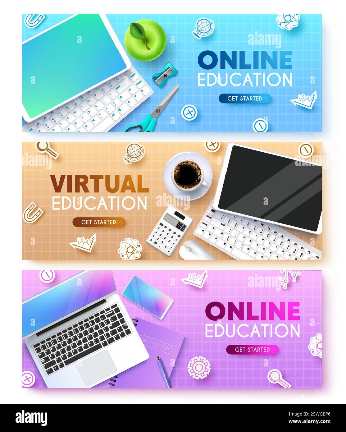 Online education vector background set. Virtual education text with ...